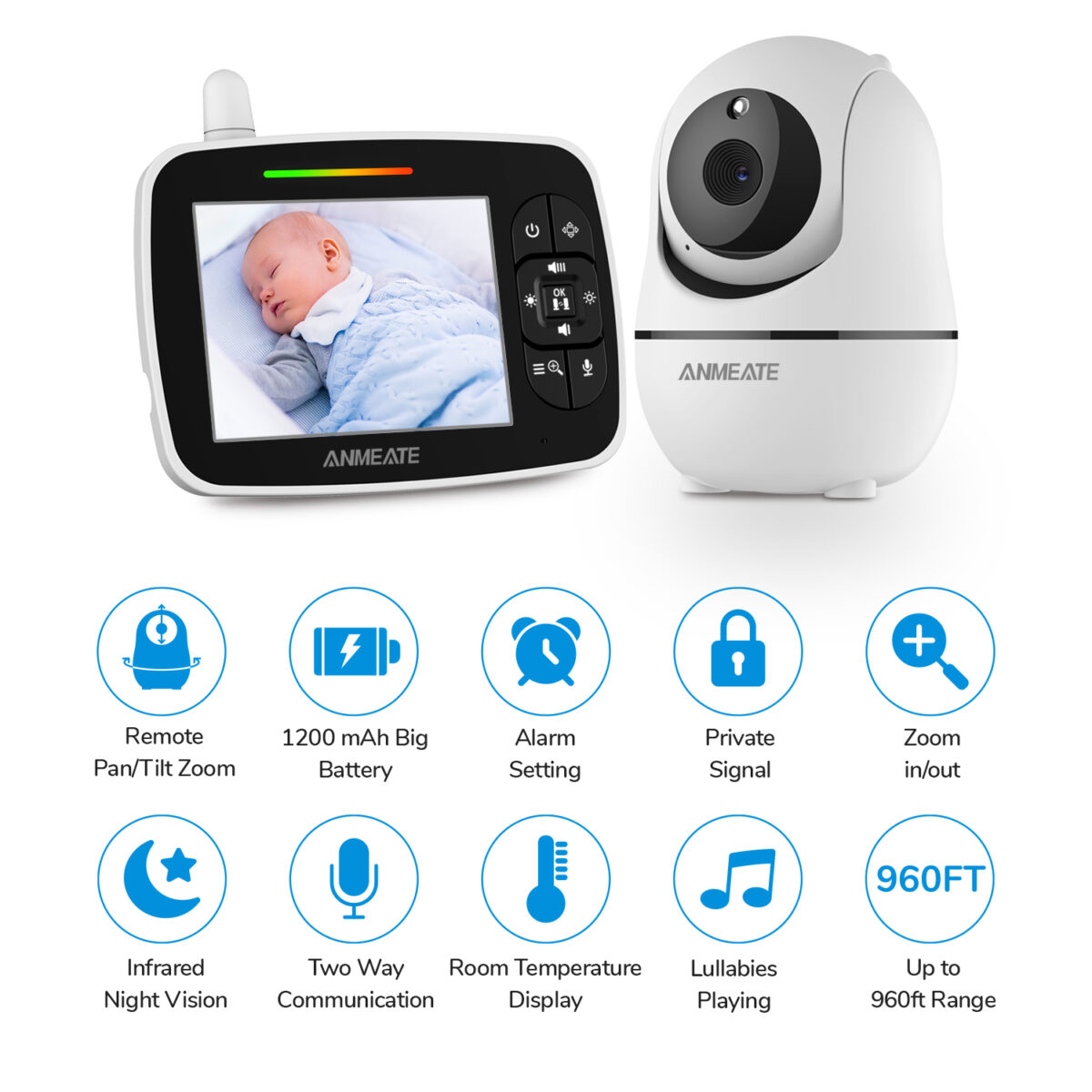 Baby Monitor with Remote Pan-Tilt-Zoom Camera, 3.5” Large Display Video ...