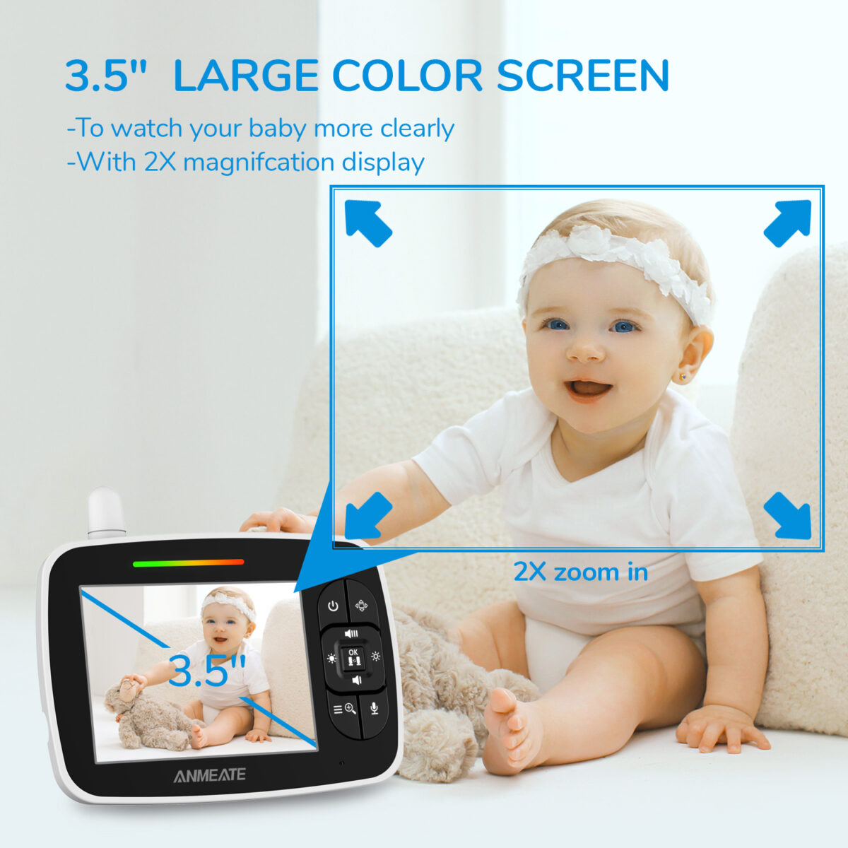 Baby Monitor with Remote Pan-Tilt-Zoom Camera, 3.5” Large Display Video ...